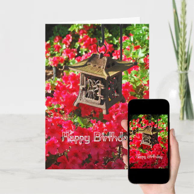 Happy Birthday Japanese Lantern and Azaleas Card | Zazzle