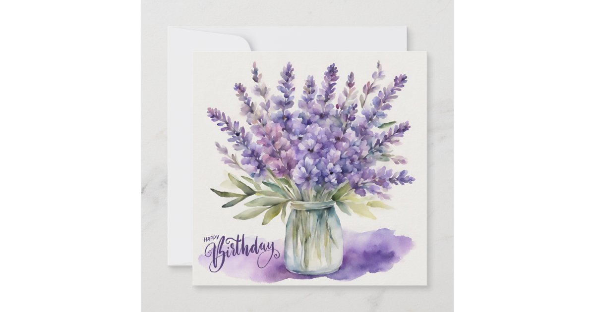 Happy Birthday Lavender Flowers in Jar Watercolor Card | Zazzle