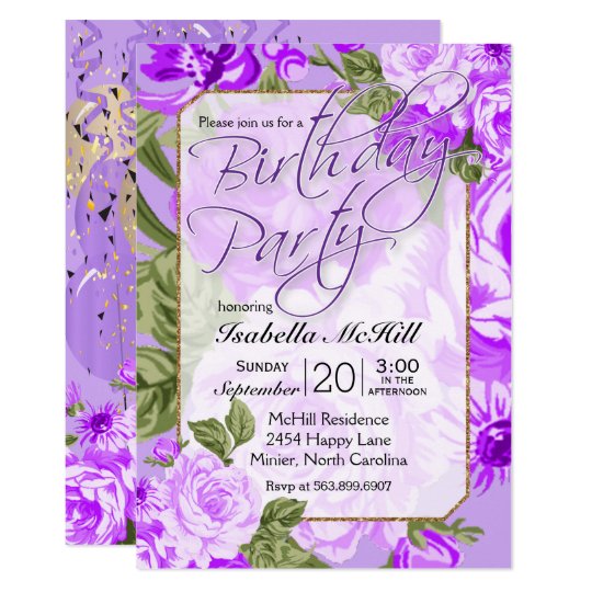 Happy BIrthday - Lavender Purple Floral Design Invitation | Zazzle.com
