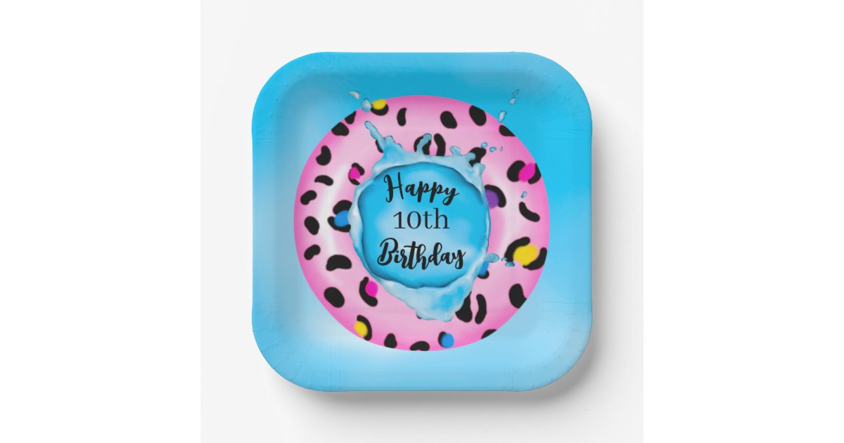 Happy Birthday Leopard Float Splash Custom Age Paper Plates | Zazzle