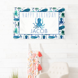 Happy Birthday Marine Nautical Octopus Ocean Kids Banner | Zazzle