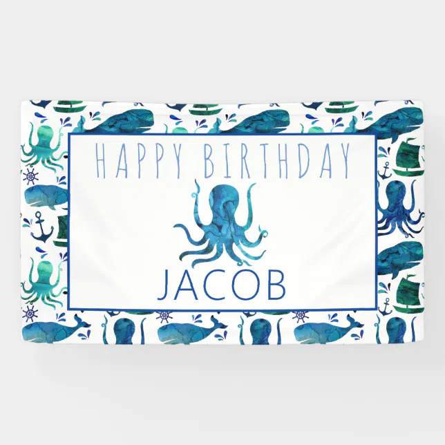 Happy Birthday Marine Nautical Octopus Ocean Kids Banner | Zazzle