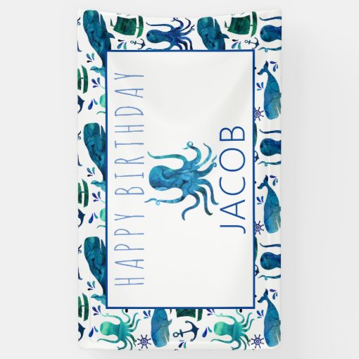 Happy Birthday Marine Nautical Octopus Ocean Kids Banner | Zazzle