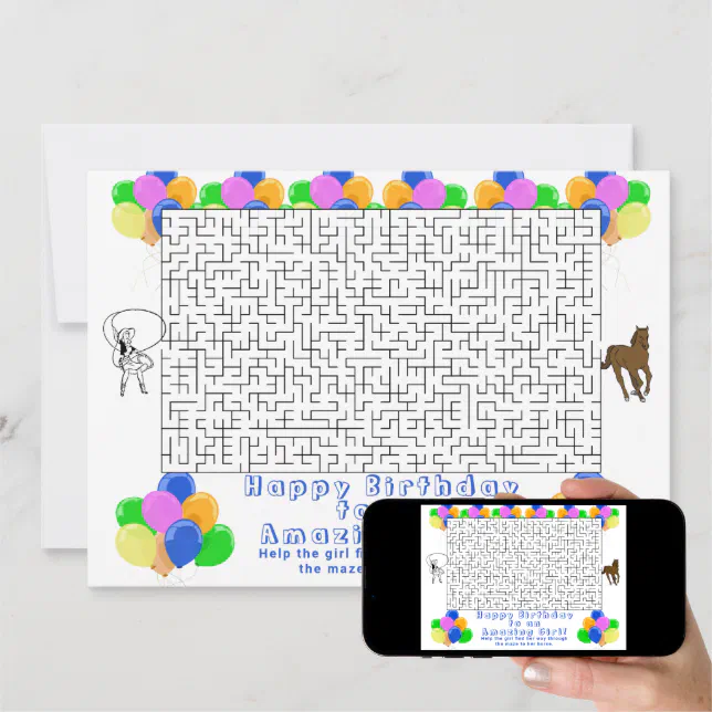 Happy Birthday Maze Cowgirl and Horse White Invitation | Zazzle