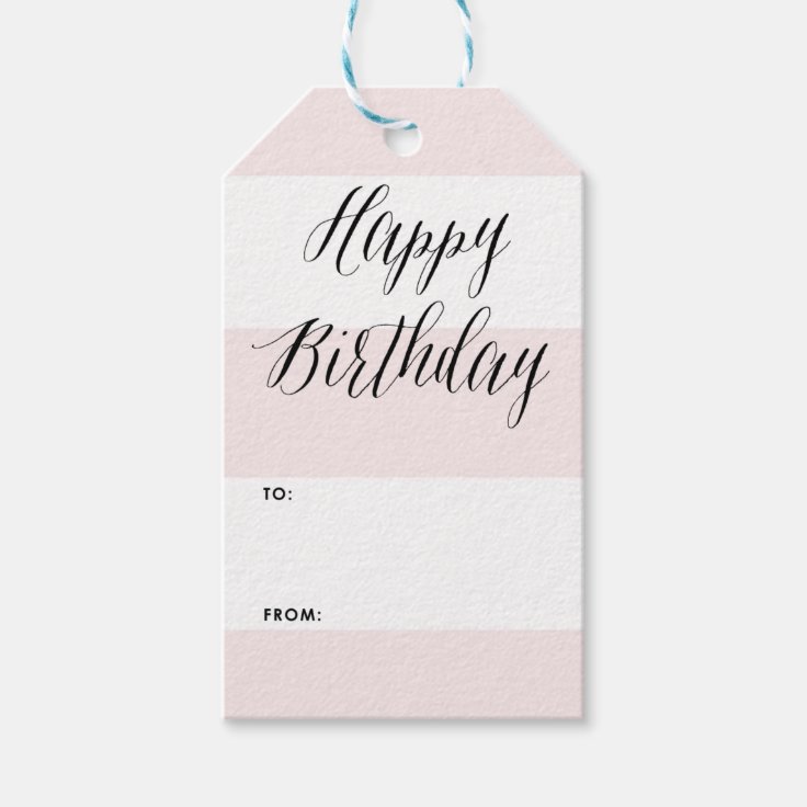 Happy Birthday Modern Calligraphy | Pink Stripes Gift Tags | Zazzle