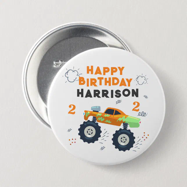 Happy Birthday Modern Monster Car Trucks Name Button | Zazzle