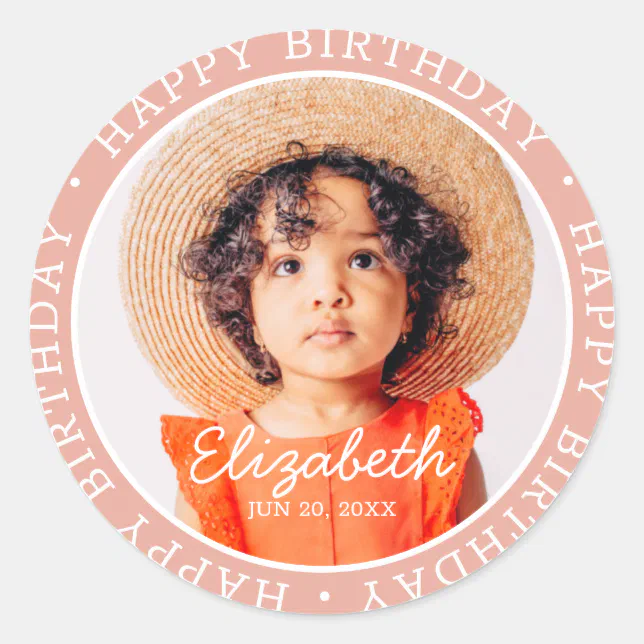 Happy Birthday Modern Preppy Custom Photo Classic Round Sticker | Zazzle
