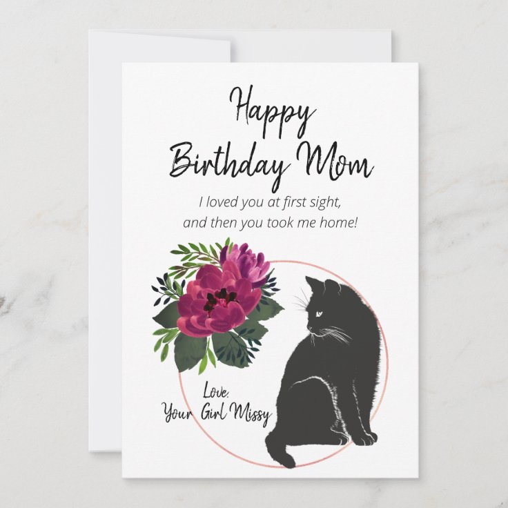 Happy Birthday Mom From Cat Marsala Floral Holiday Card | Zazzle