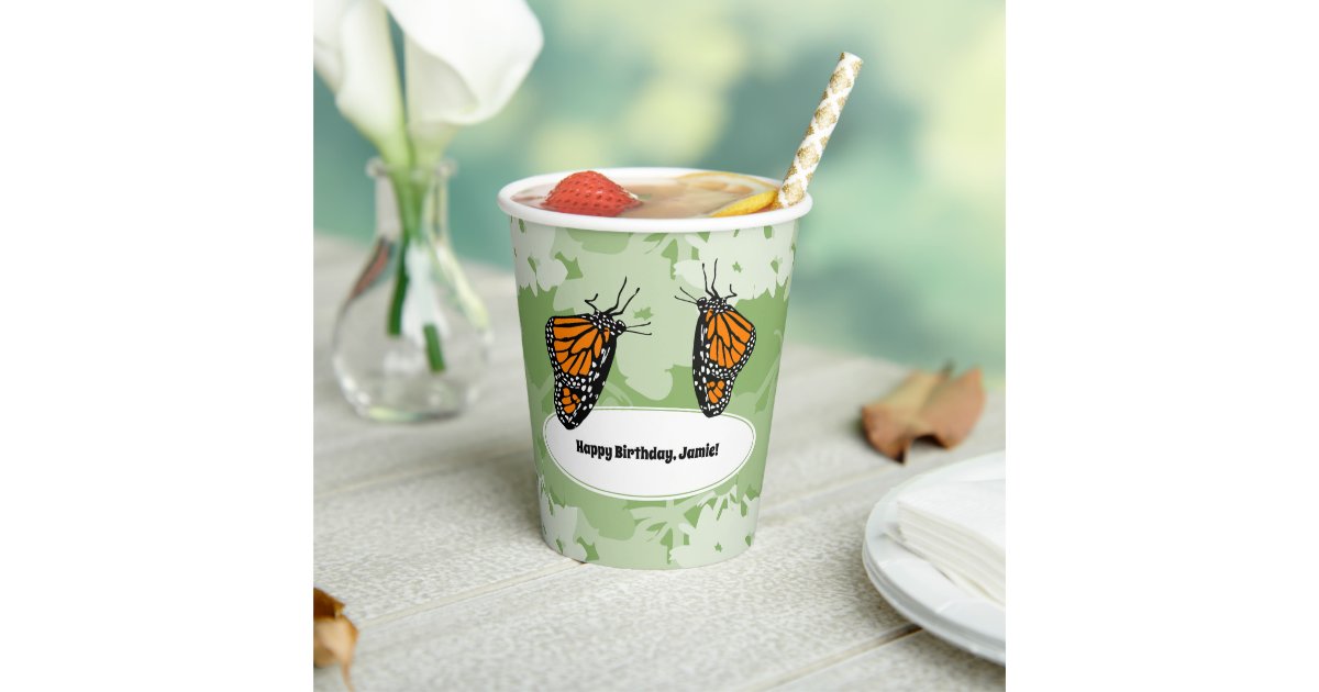 Happy Birthday Monarch Butterfly Green Paper Cups | Zazzle