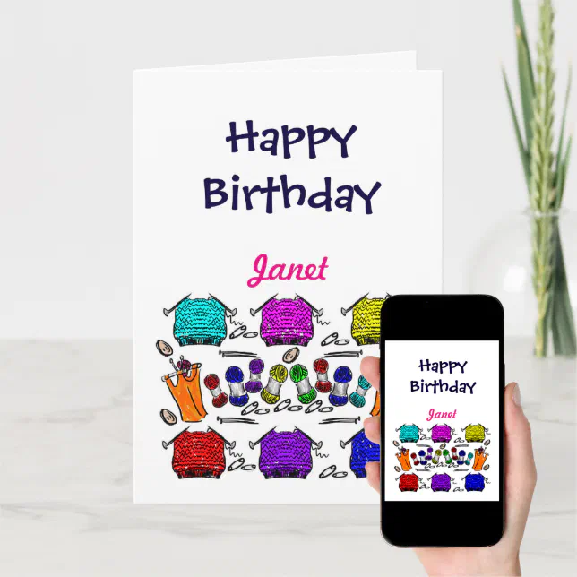 Happy Birthday (name) text box Knitting card | Zazzle