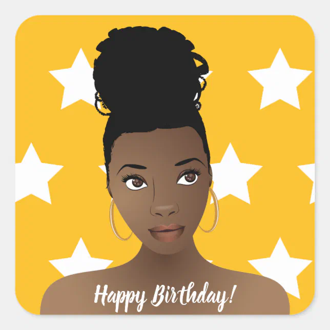 Happy Birthday! Natural Beauty, White Stars, Gold Square Sticker | Zazzle
