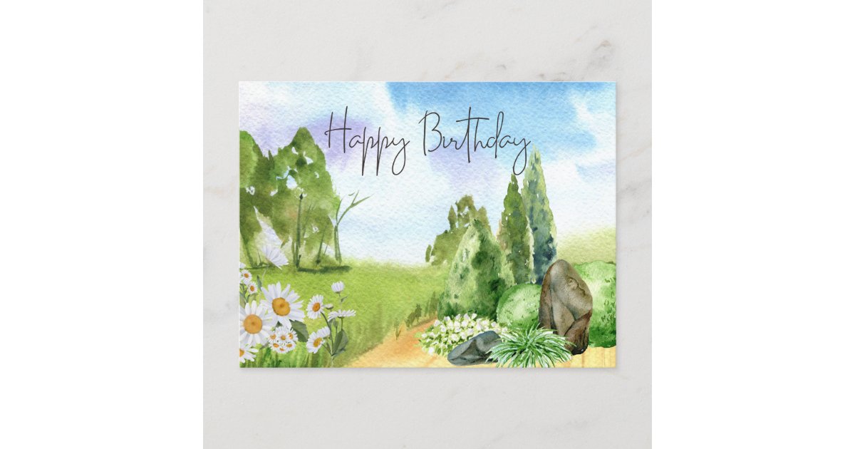 Happy Birthday Nature Landscape and Daisy Flowers Postcard | Zazzle