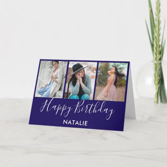 Happy Birthday Navy Blue and White 3 Photo Collage Card | Zazzle