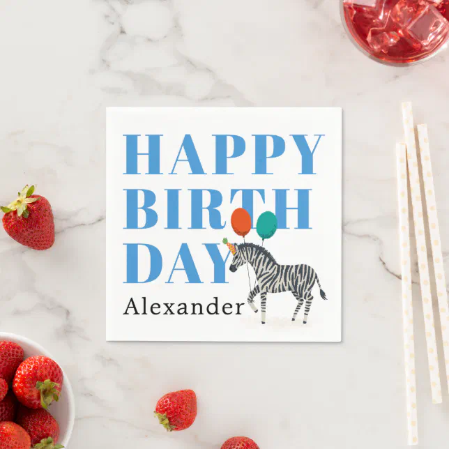 Happy Birthday Party Animal Zebra with Name Napkins | Zazzle