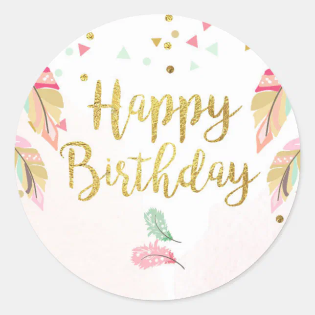 Happy birthday Party Favor Tags Sticker Pink Gold | Zazzle