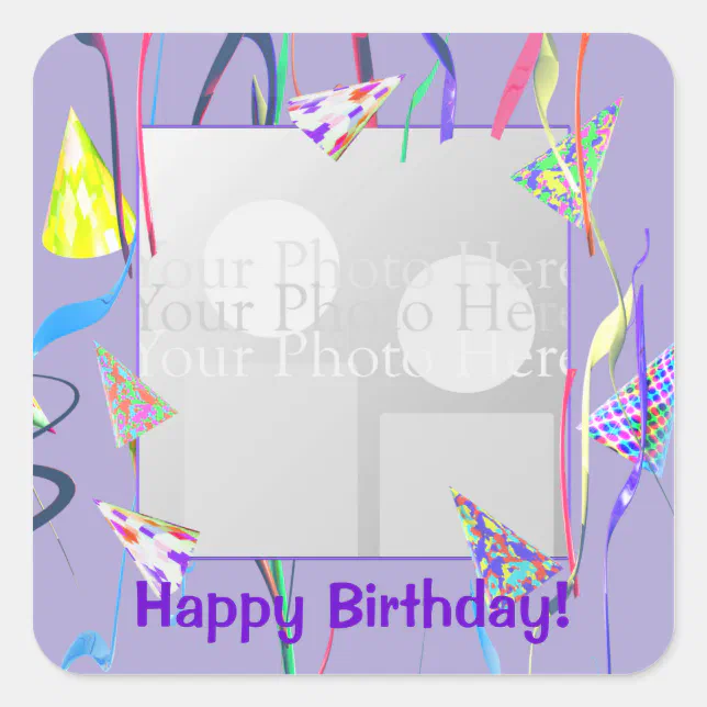 Happy Birthday Party Hats (photo frame) Square Sticker | Zazzle