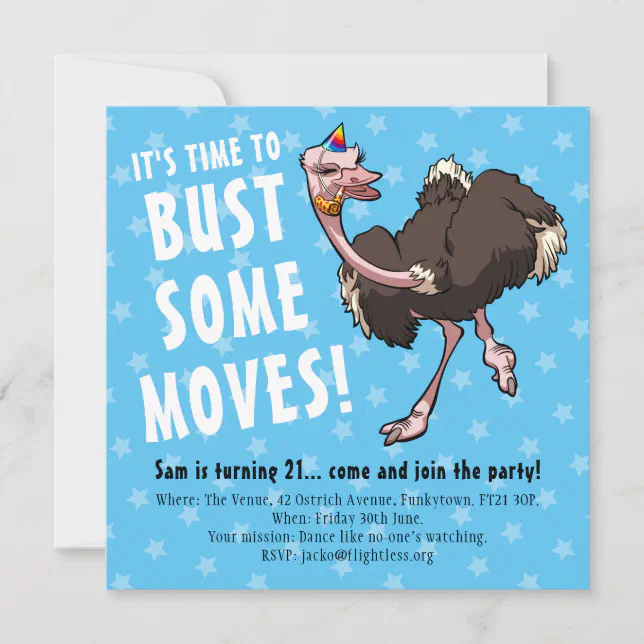 Happy Birthday Party Ostrich Dancing Cartoon Invitation | Zazzle