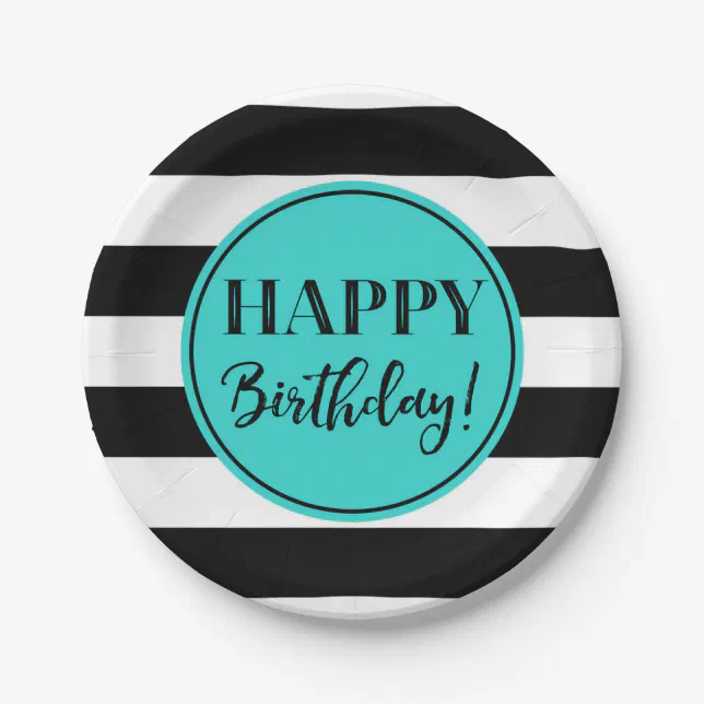 Happy Birthday Party Turquoise Black White Paper Plates | Zazzle