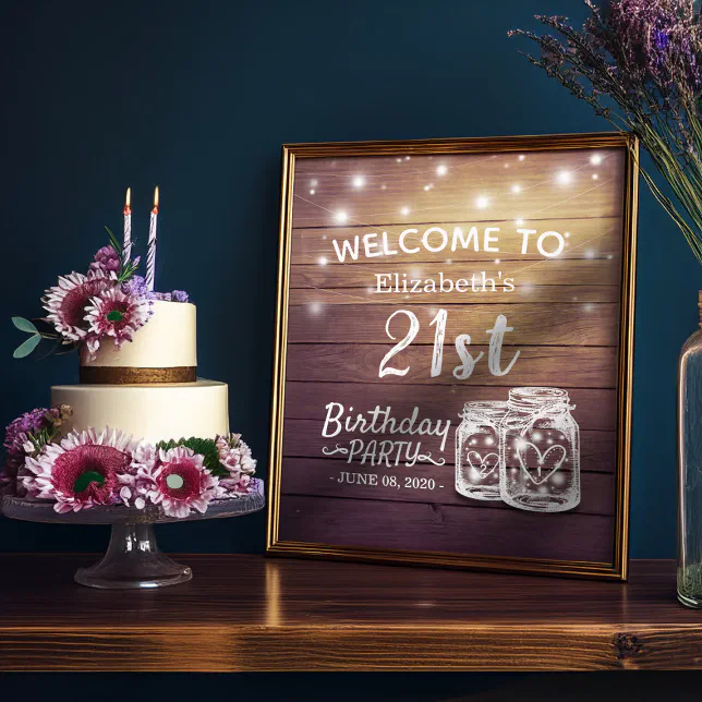 Happy Birthday Party Wood Mason Jar Lights Welcome Poster | Zazzle