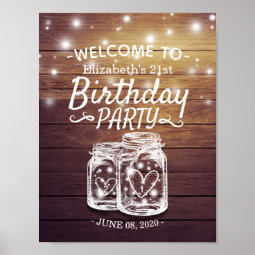 Happy Birthday Party Wood Mason Jar Lights Welcome Poster | Zazzle