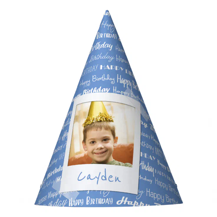 Happy Birthday Pattern Blue Party Kids Photo Cute Party Hat | Zazzle