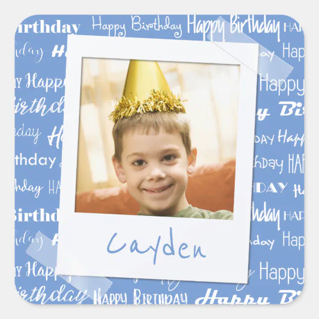Happy Birthday Pattern Blue Party Kids Photo Square Sticker | Zazzle