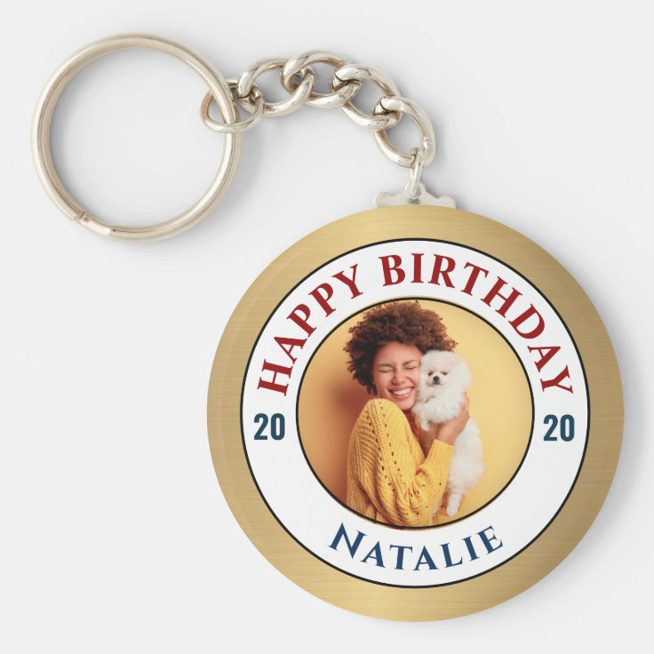 Happy Birthday Photo Gold Elegant Personalize Keychain | Zazzle