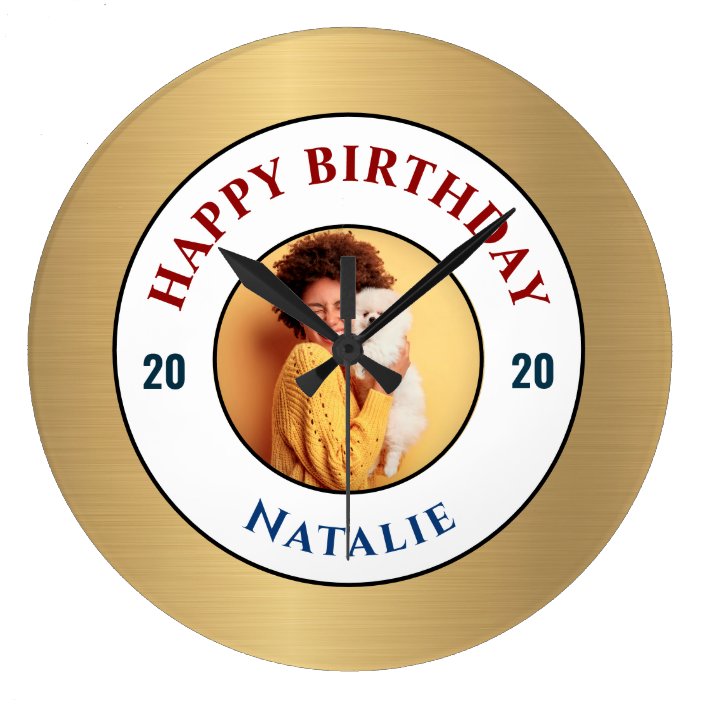 Happy Birthday Photo Gold Elegant Personalize Large Clock | Zazzle.com