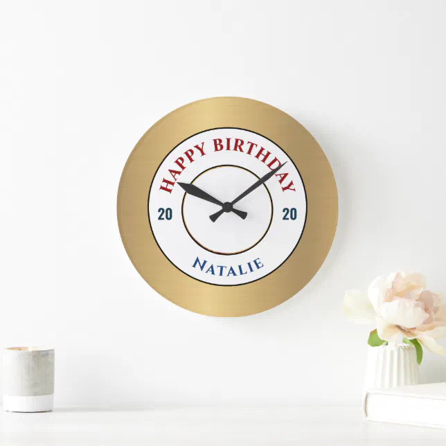 Happy Birthday Photo Gold Elegant Personalize Large Clock | Zazzle