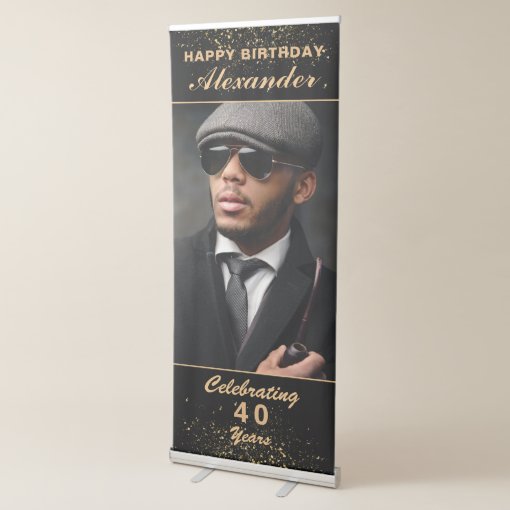 Happy Birthday Photo Party Event Gold Black Custom Retractable Banner ...