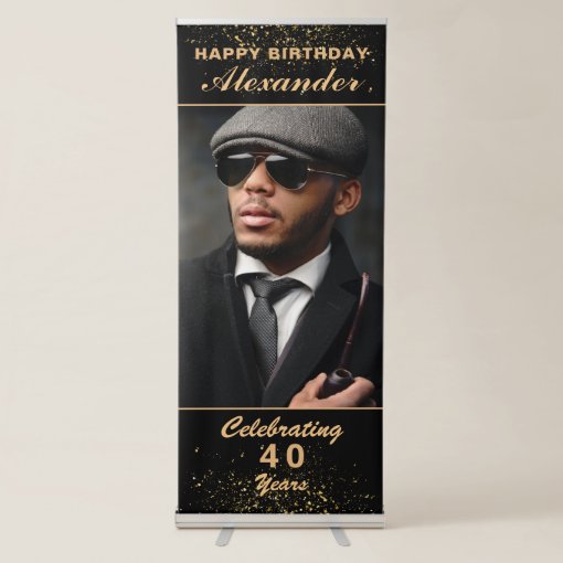 Happy Birthday Photo Party Event Gold Black Custom Retractable Banner ...