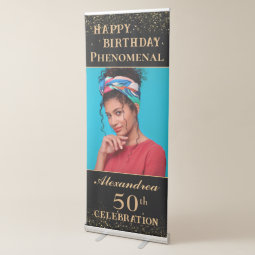 Happy Birthday Photo Party Event Gold Black Custom Retractable Banner ...