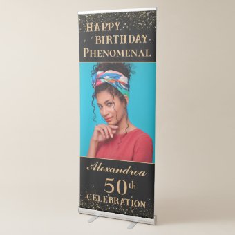 Happy Birthday Photo Party Event Gold Black Custom Retractable Banner ...