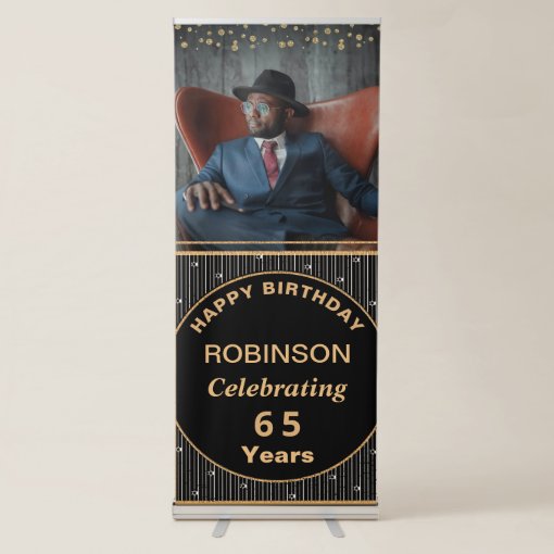 Happy Birthday Photo Party Event Gold Black Custom Retractable Banner ...