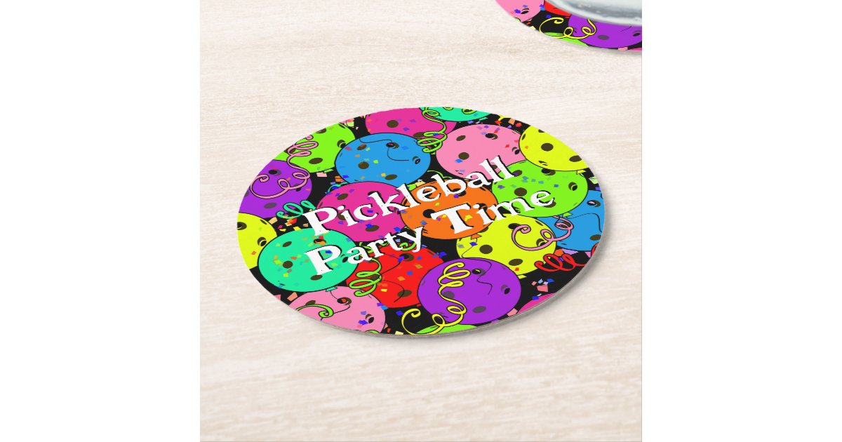 Happy Birthday Pickleball Balloons Confetti Black Round Paper Coaster ...