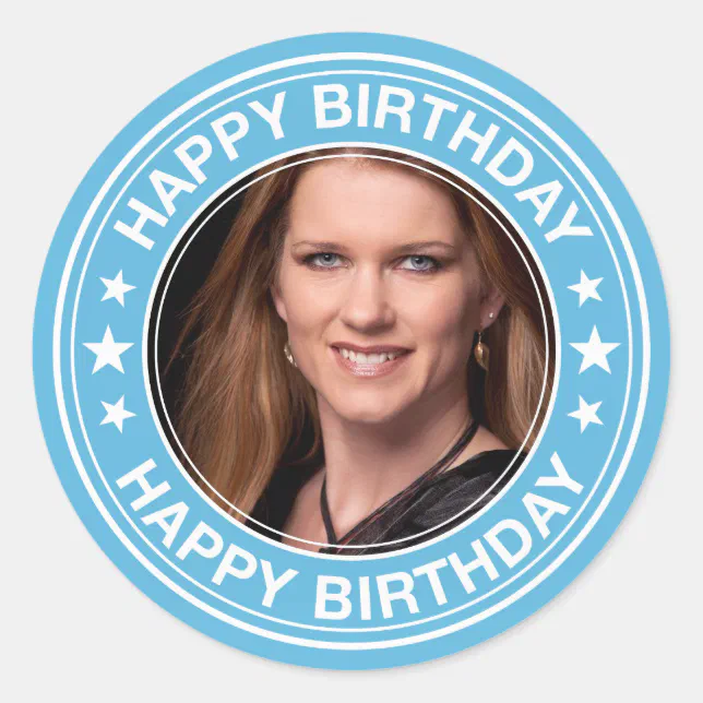 Happy Birthday Picture Frame in Blue Classic Round Sticker | Zazzle