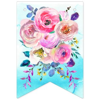 Happy Birthday Pink Blue Turquoise Floral Bunting Flags | Zazzle