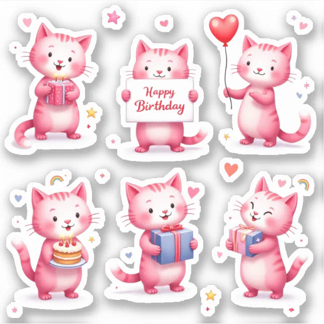 Happy Birthday - Pink Cats - Cake Balloons Gifts - Sticker | Zazzle