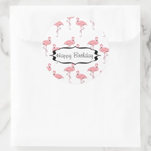 Happy Birthday Pink Flamingo Pattern Classic Round Sticker | Zazzle