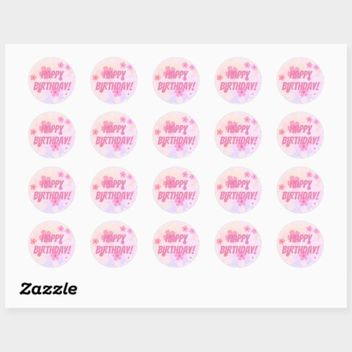 Happy Birthday Pink Flower Power Classic Round Sticker | Zazzle