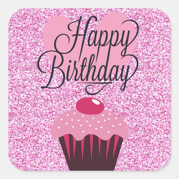 Happy Birthday Pink Glitter Cupcake Stickers | Zazzle