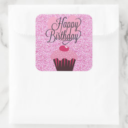 Happy Birthday Pink Glitter Cupcake Stickers | Zazzle