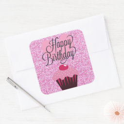 Happy Birthday Pink Glitter Cupcake Stickers | Zazzle