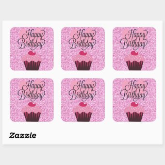 Happy Birthday Pink Glitter Cupcake Stickers | Zazzle