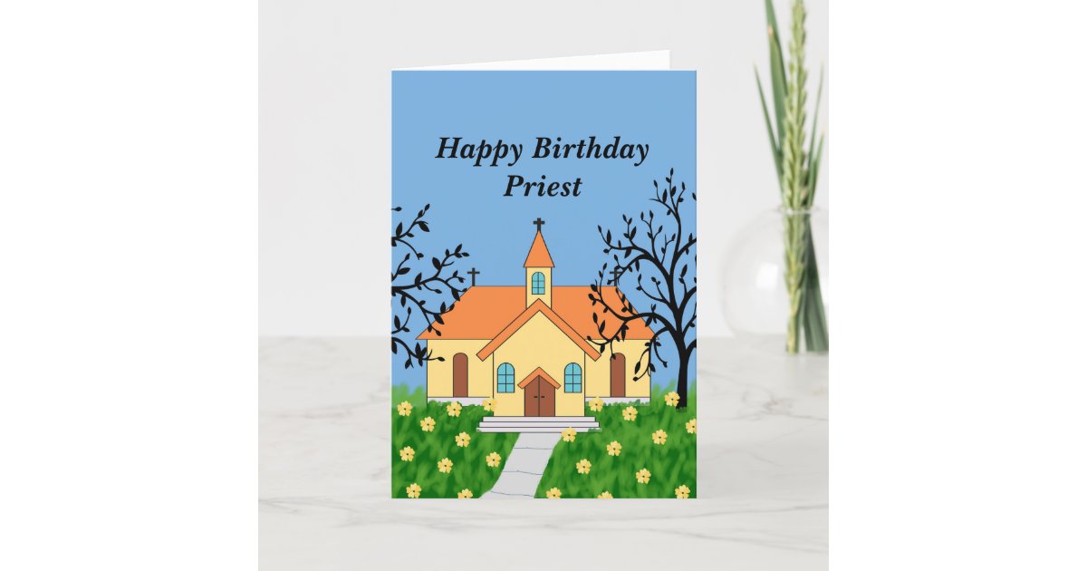 Happy Birthday Priest Card with Illustrated Church | Zazzle