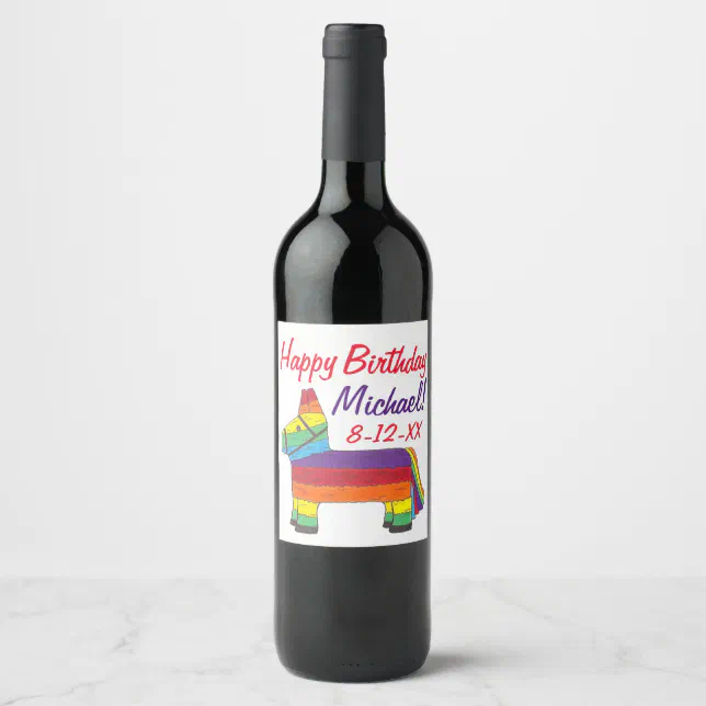 Happy Birthday Rainbow Donkey Pinata Fiesta Party Wine Label | Zazzle