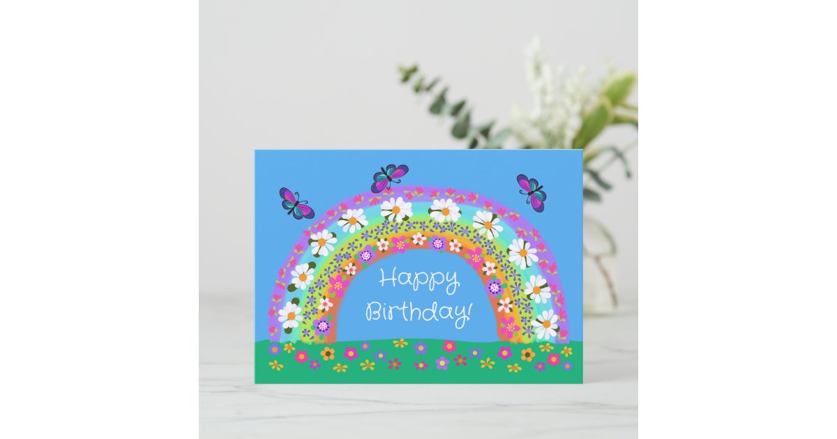 Happy Birthday Rainbow of Flowers Butterflies | Zazzle