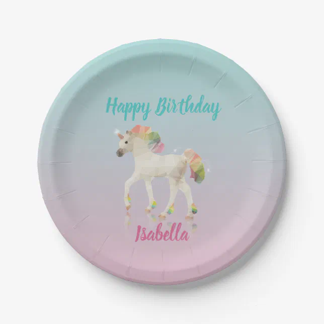 Happy Birthday Rainbow Unicorn Name Paper Plate | Zazzle