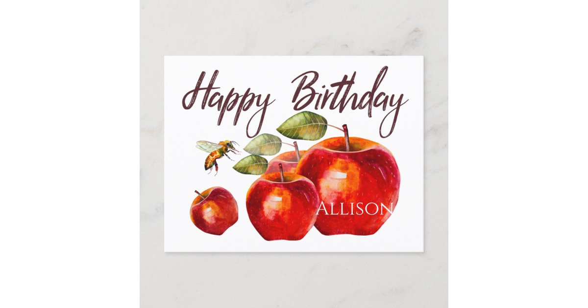 Happy Birthday Red Apple Watercolor Card | Zazzle