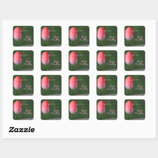 happy birthday red tulip flower square sticker | Zazzle